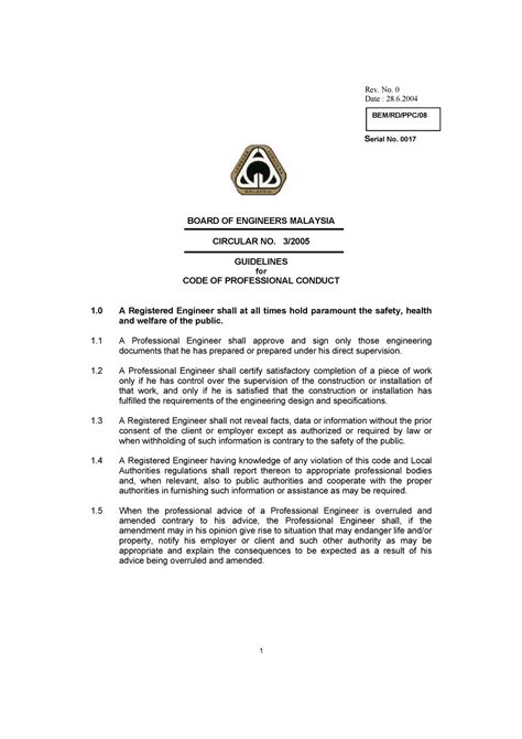 Code Of Conduct 1 Board Of Engineer Malaysia Rev No 0 Date 28 6 Serial No 0017 Board Of