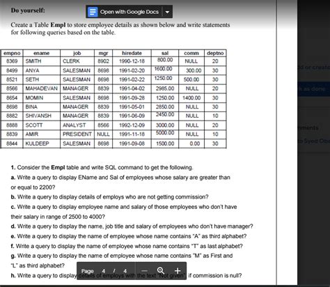 Solved Create A Table Empl To Store Employee Details As