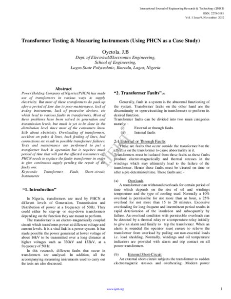 Pdf Ijert Transformer Testing And Measuring Instruments Using Phcn As
