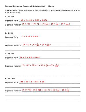 Fillable Online Ednaisd Decimal Expanded Form And Notation Quiz KEY Ednaisd Fax Email Print
