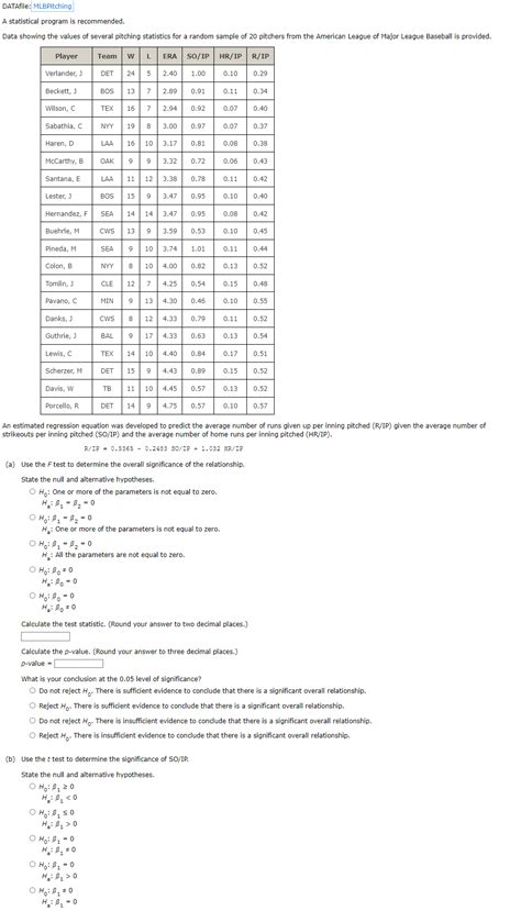 solved datafile mlbpitching a statistical program is