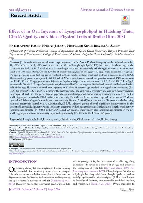 Pdf Effect Of In Ova Injection Of Lysophospholipid In Hatching Traits Chicks Quality And