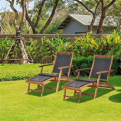 Costway Folding Acacia Wood Lounge Chair With Retractable Footrest