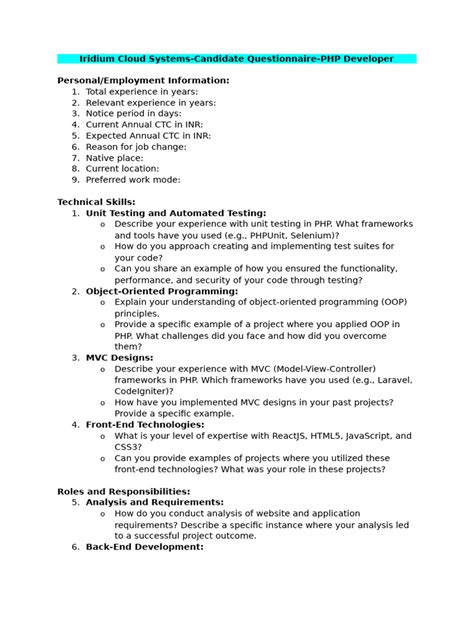 Sr Php Developer Candidate Questionnaire Pdf Databases Object Oriented Programming