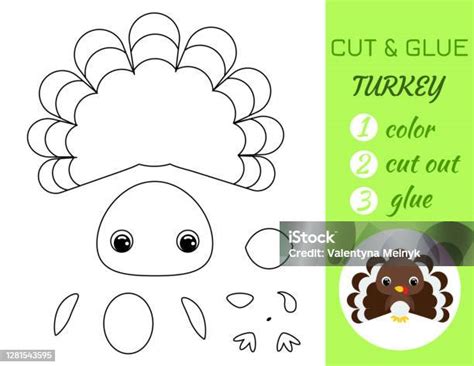 색칠 공부 는 아기 칠면조를 잘라 접착제 유치원 어린이를위한 교육 종이 게임 워크시트를 잘라내고 붙여넣습니다 종이에 색상 절단 부품 및 접착제 만화 캐릭터 벡터 스톡