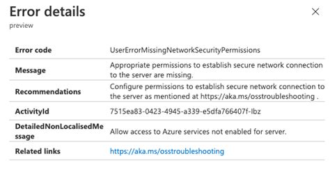 Usererrormissingnetworksecuritypermissions For Postgresql Server Even