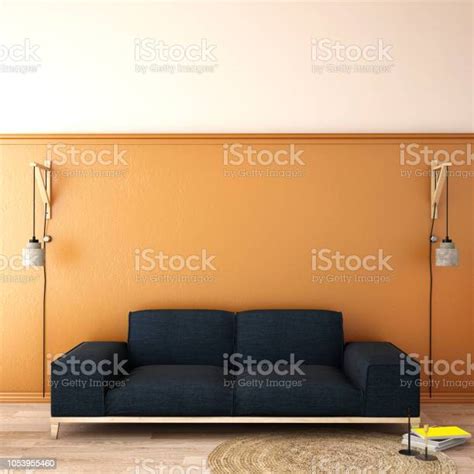 거실 또는 리셉션 회색 카펫 안락의 자 식물 나무 바닥 및 오렌지 배경 캐비닛을 위한 인테리어 디자인 3d 그림 3 차원 렌더링 0명에 대한 스톡 사진 및 기타 이미지