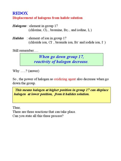 6 Displacement Of Halogen From Its Halide Solution Pdf Chlorine