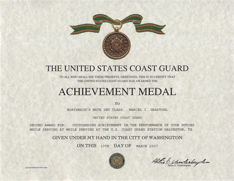 Coast Guard Achievement Medal Replacement Certificate
