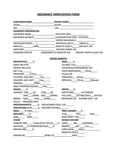 Printable Dental Insurance Breakdown Form Free Printable Forms