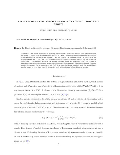 pdf left invariant einstein like metrics on compact simple lie groups