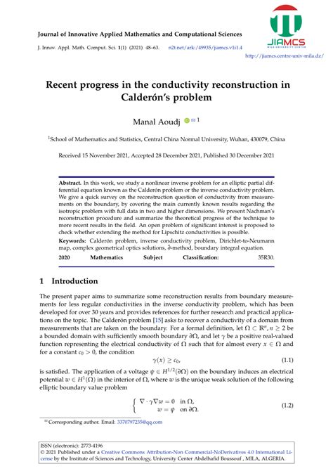Pdf Recent Progress In The Conductivity Reconstruction In Calderóns