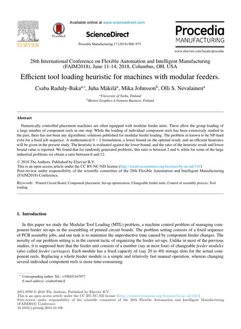 Pdf Efficient Tool Loading Heuristic For Machines With Modular Feeders