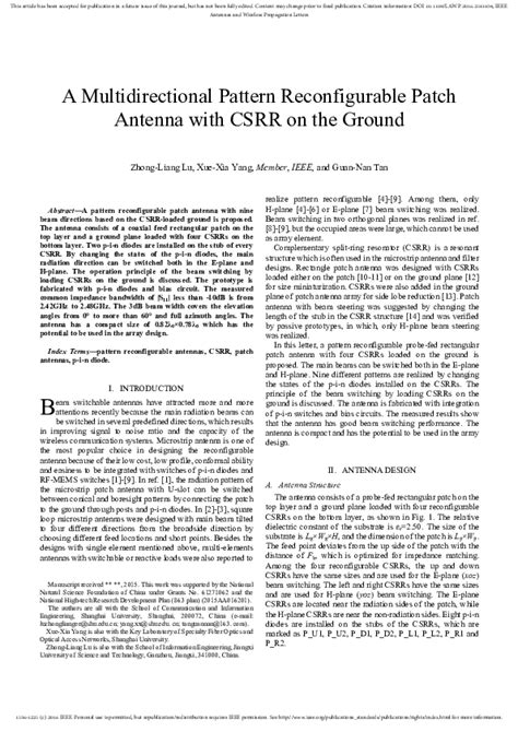Pdf A Multidirectional Pattern Reconfigurable Patch Antenna With Csrr