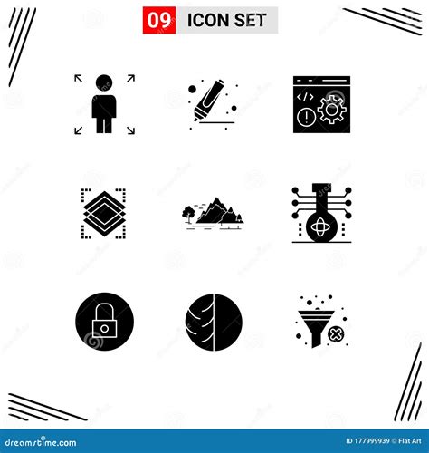 Pictogram Set Of 9 Simple Solid Glyphs Of Nature Hill Develop Server Object Stock Vector