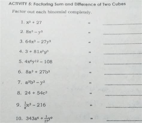 solved activity 5 factoring sum and difference of two cubes factor
