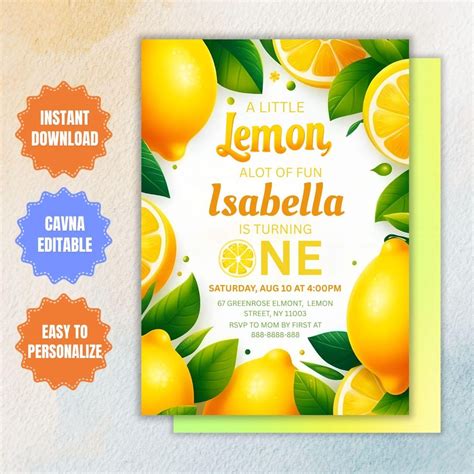 Editable Lemon Birthday Invitation Citrus Lemonade Party Digital