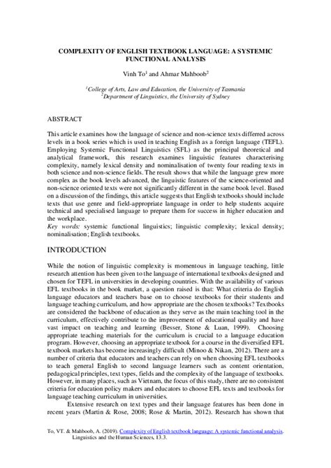 Doc Complexity Of English Textbook Language A Systemic Functional Analysis