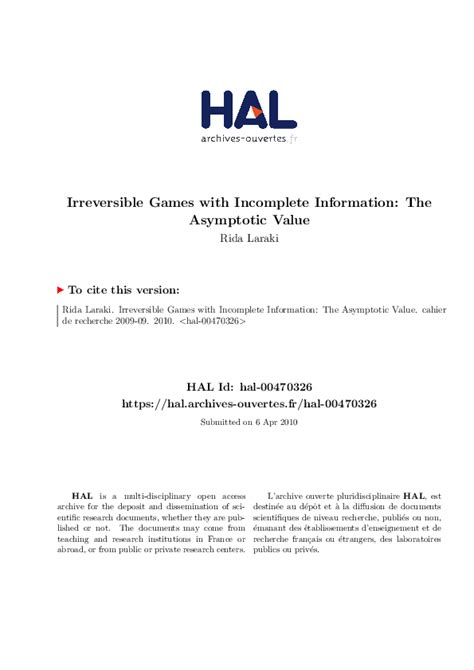 Pdf Irreversible Games With Incomplete Information The Asymptotic Value