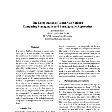 The Computation Of Word Associations Comparing Syntagmatic And Paradigmatic Approaches Acl