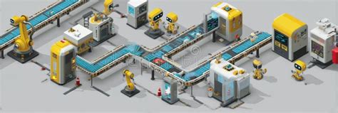 Isometric Robotics Factory Showcasing Conveyor Belts And Androids At Work In A Modern Industrial