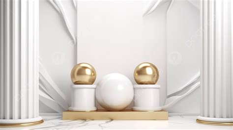 깨끗한 3d 렌더링된 배경에 프레젠테이션 준비가 된 화이트 골드 실린더 단상 및 금 구 호화 연단 유리 진열장 플랫폼 배경 배경 일러스트 및 사진 무료 다운로드
