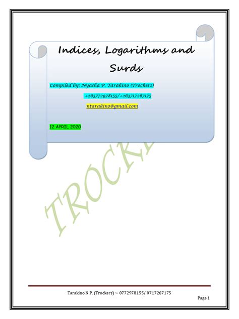 Indices Logarithms And Surds Notes By Trockers Pdf