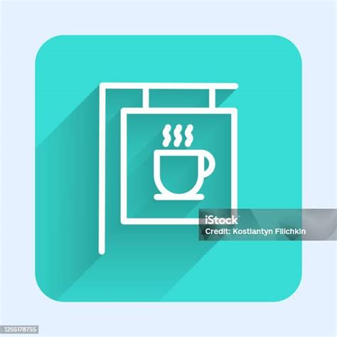 긴 그림자로 격리 된 화이트 라인 스트리트 간판 커피 아이콘 녹색 정사각형 버튼입니다 벡터 일러스트레이션 고풍스런에 대한 스톡 벡터 아트 및 기타 이미지 Istock