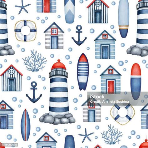 비치 하우스 등대 서핑 보드 해상 장비와 수채화 해양 원활한 패턴 여름 방학 서핑 오션 트래블 바다 생명손 그린 배경 건물 외관에 대한 스톡 벡터 아트 및 기타 이미지