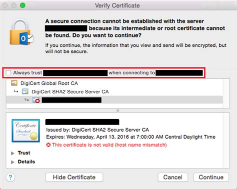 How To Fix Certificate Warnings In Outlook For Mac OSX POP IMAP Hixon Group Help Centre