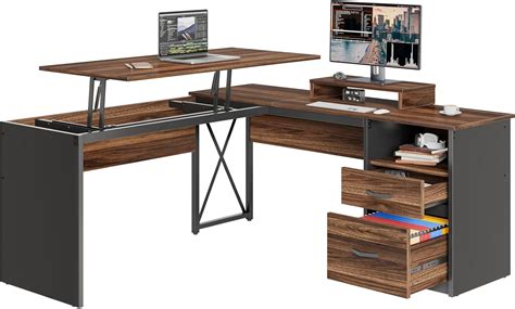 Bestier Lift Top L Shaped Desk With File Drawer 55 X 55