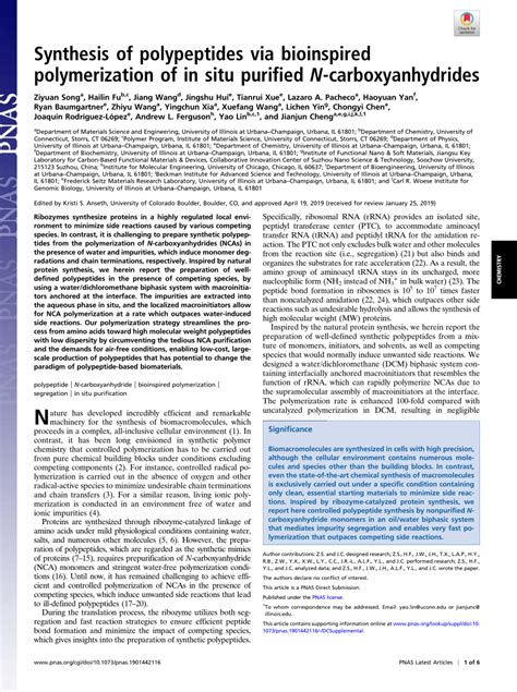 Pdf Synthesis Of Polypeptides Via Bioinspired Polymerization Of In Situ Purified N