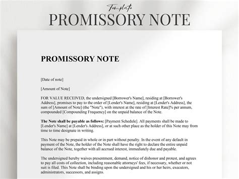 Promissory Note Promissory Note Template Pdf And Microsoft Word Etsy