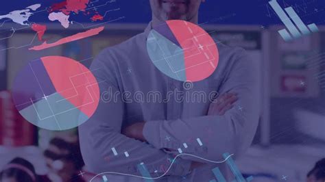 animation of data processing on charts over happy caucasian male