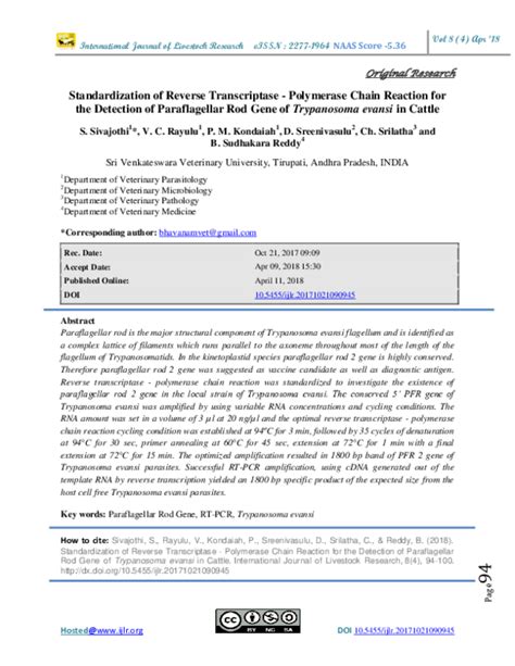 Pdf Standardization Of Reverse Transcriptase Polymerase Chain Reaction For The Detection Of