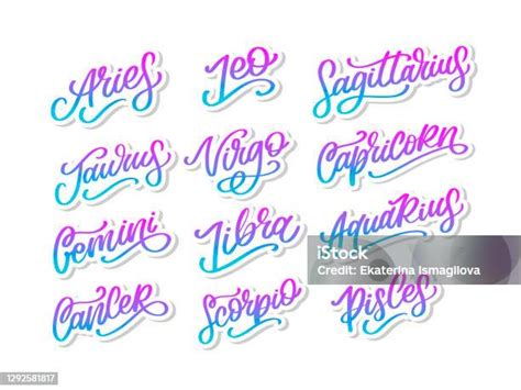 조디악 문자 벡터 기호 만화 점성술 텍스트 일러스트레이션 별자리 필기 아이콘 세트입니다 0명에 대한 스톡 벡터 아트 및 기타