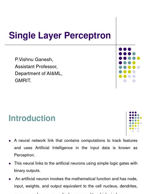 Single Layer Perceptron Pvishnu Ganesh Assistant Professor Department Of Aiandml Gmrit Pdf