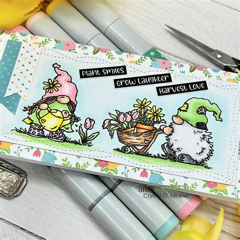 Crystal O Minkler Mini Slimline Card ~ Garden Gnomes ~ Unity Stamp Co