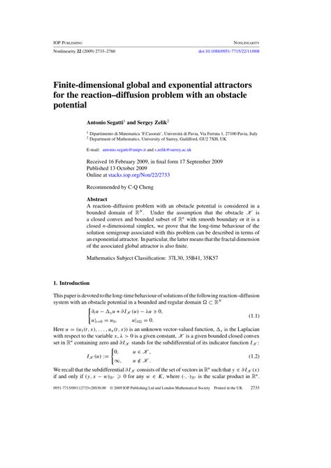 Pdf Finite Dimensional Global And Exponential Attractors For The Reaction Diffusion Problem