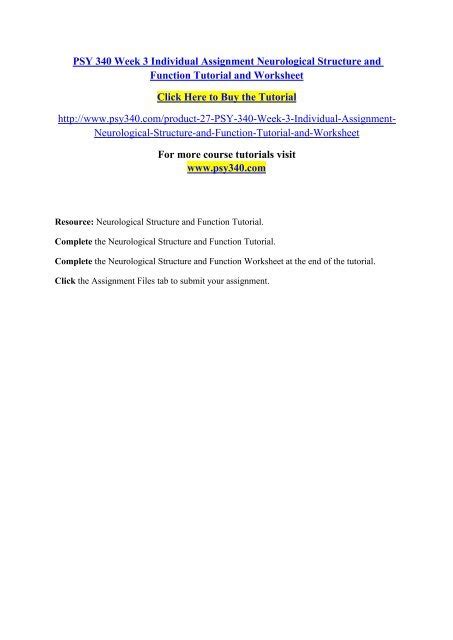 Psy 340 Week 3 Individual Assignment Neurological Structure And Function Tutorial And Worksheet