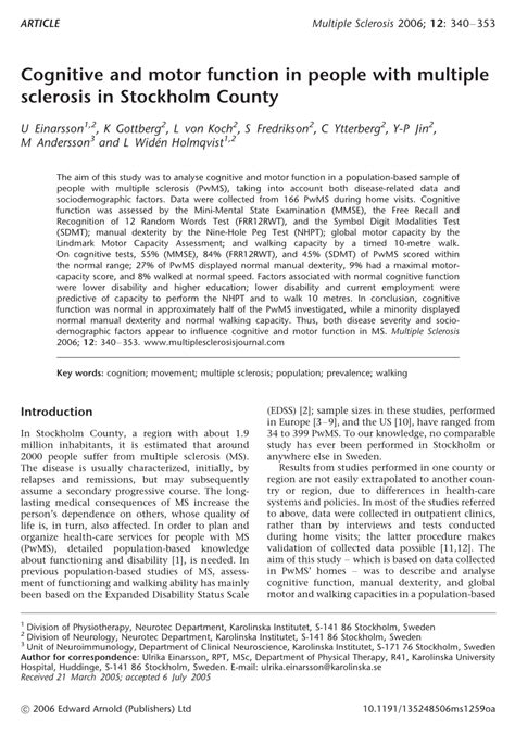 Pdf Cognitive And Motor Function In People With Multiple Sclerosis In Stockholm County