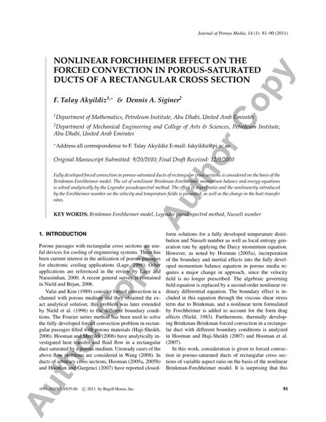 Pdf Non Linear Forchheimer Effect On The Forced Convection In