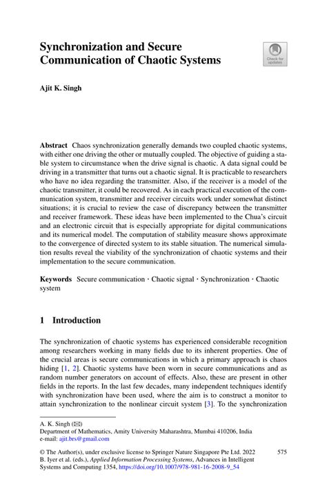 Pdf Synchronization And Secure Communication Of Chaotic Systems