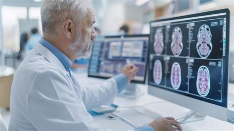 Doctor Analyzing Brain Scan On Computer In Hospital Premium Ai