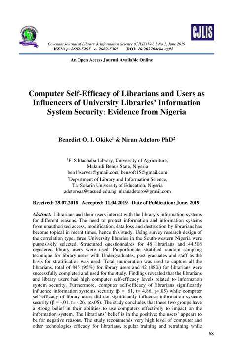 pdf computer self efficacy of librarians and users as influencers of