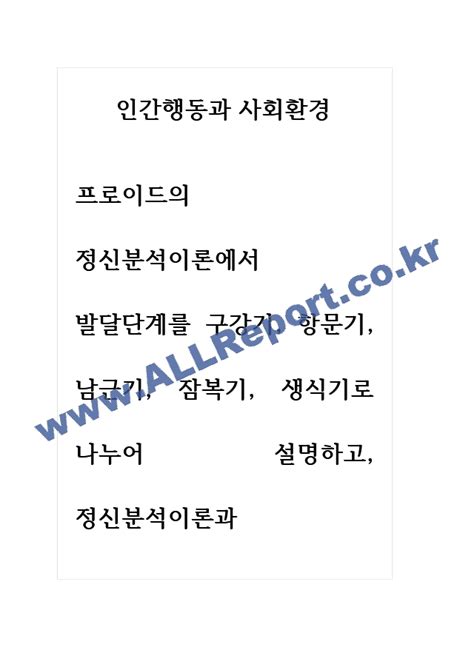 인간행동과사회환경 프로이드의 정신분석이론에서 발달단계를 구강기 항문기 남근기 잠복기 생식기로 나누어 설명하고 정신분석이론과 사회복지실천의 연관성을 설명하시오인문사회레포트