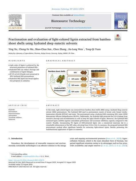 Pdf Fractionation And Evaluation Of Light Colored Lignin Extracted From Bamboo Shoot Shells