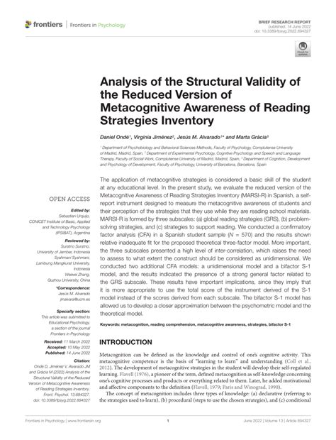 Pdf Analysis Of The Structural Validity Of The Reduced Version Of Metacognitive Awareness Of
