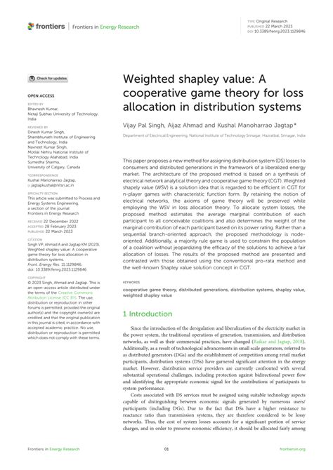 Pdf Weighted Shapley Value A Cooperative Game Theory For Loss Allocation In Distribution Systems