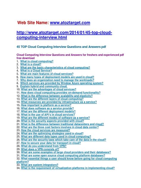 Cloud Computing Interview Questions And Answers Pdf Cloud Computing